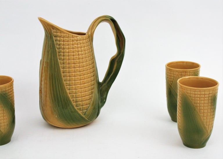 Set of Glazed Ceramic Corn on the Cob Glasses and Pitcher, France ...