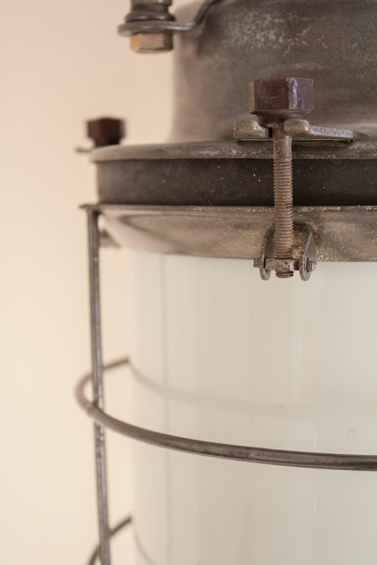 Industrial Milk Glass and Steel Caged Ship's Galley Lights at 1stDibs