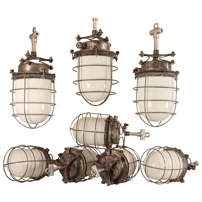 Industrial Milk Glass and Steel Caged Ship's Galley Lights at 1stDibs