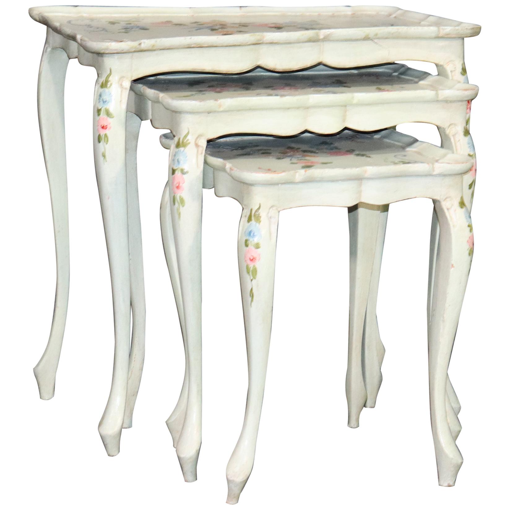 Three French Style Paint Decorated Nesting Tables For Sale at 1stDibs