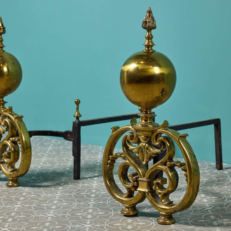 Set of Large Baroque Style Cast Brass Andirons For Sale at 1stDibs