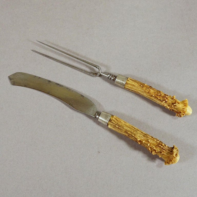 Antique Set of Rustic Carter Cutlery with Carved Horn Handles 18th For Sale at 1stDibs