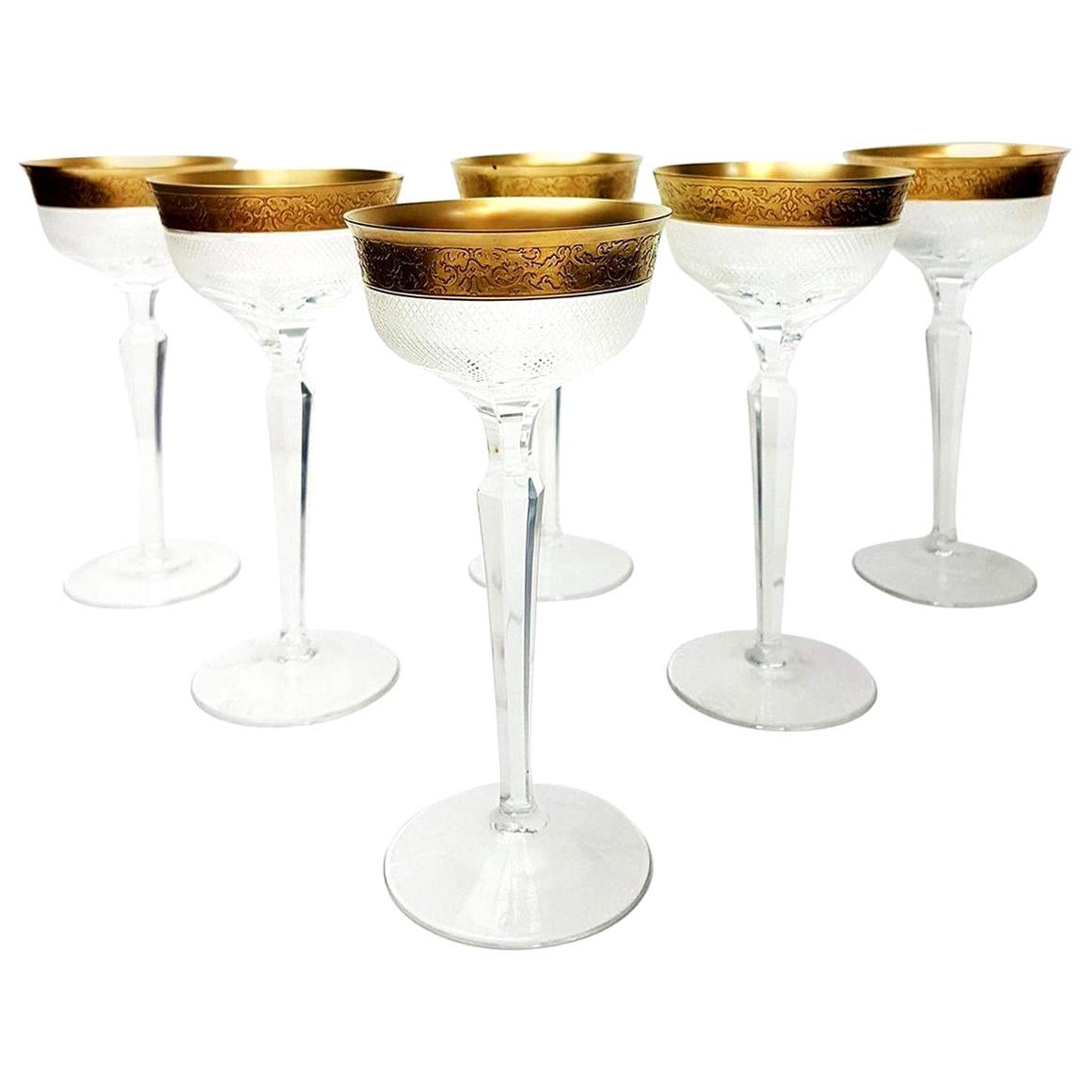 Set of Large Six Moser Clear Crystal Goblets with Gilded and Etched ...