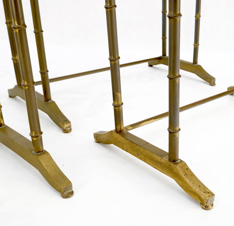 Set of MCM Solid Brass Faux Bamboo Glass Top Nesting Side End Tables ...