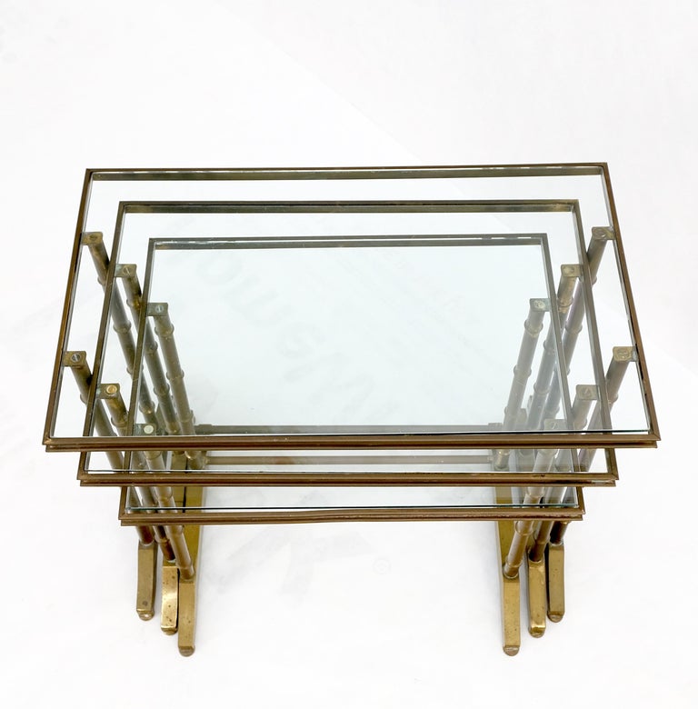 Set of MCM Solid Brass Faux Bamboo Glass Top Nesting Side End Tables ...