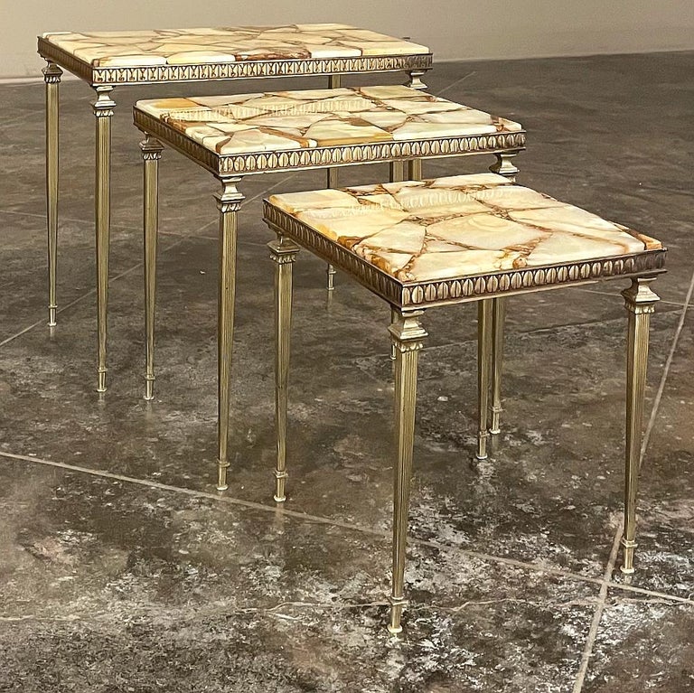 Set of Mid-Century Brass and Marble Nesting Tables For Sale at 1stDibs