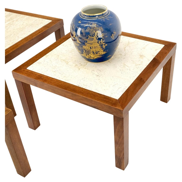 Set of Mid Century Solid Walnut Bases Travertine Tops End Side ...