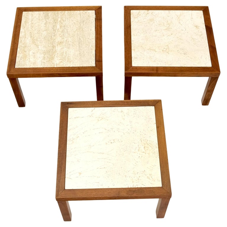 Set of Mid Century Solid Walnut Bases Travertine Tops End Side ...