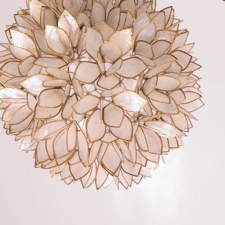 Set of Mother-of-pearl and gold metal pendant lights For Sale at 1stDibs