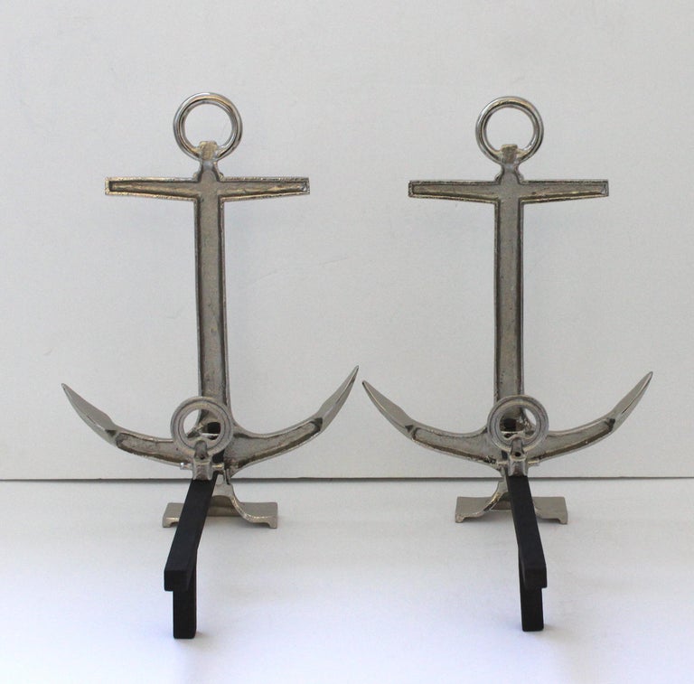Set of Nickel Plated Anchor Andirons For Sale at 1stDibs