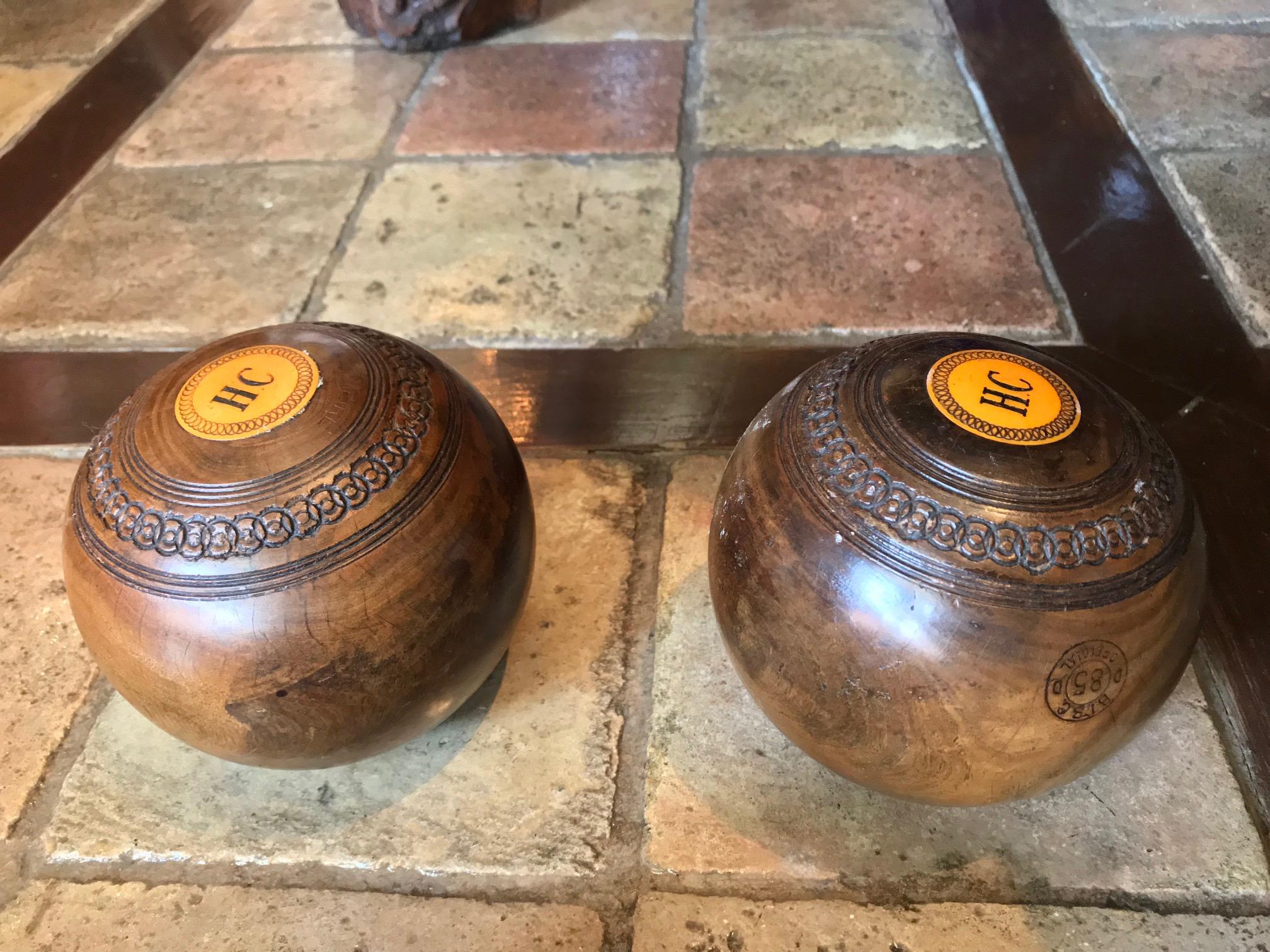 10 Carpet Lawn Bowling Hand Carved Wood and Stone Balls Antique Office ...