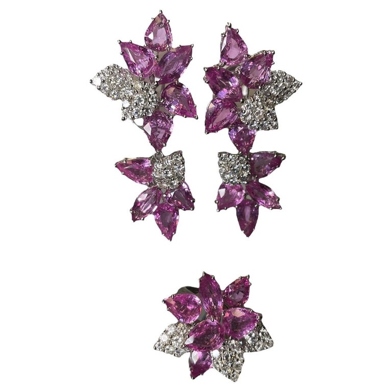 Set of Platinum Natural Pink Sapphires Diamonds Cluster Ring/Pair of ...