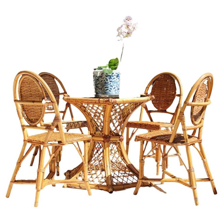 Set of Rattan / Wicker Table and Four Chairs, Black Glass Top, Portugal ...