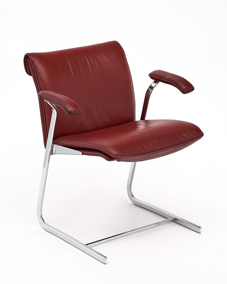 Set of Red Leather and Chrome Armchairs For Sale at 1stDibs
