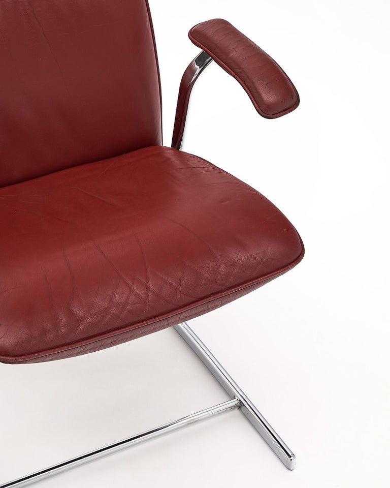 Set of Red Leather and Chrome Armchairs For Sale at 1stDibs