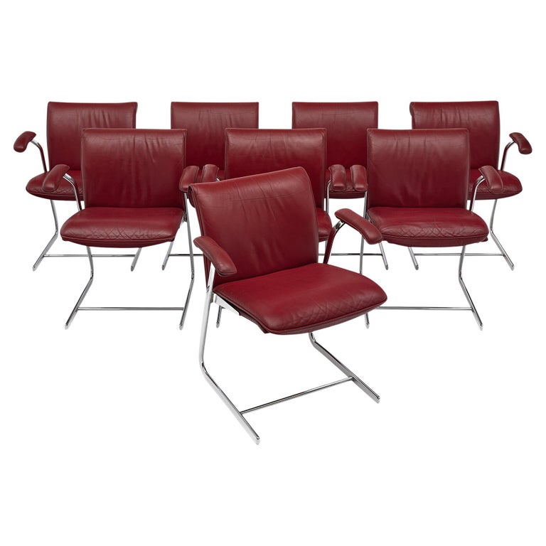 Set of Red Leather and Chrome Armchairs For Sale at 1stDibs