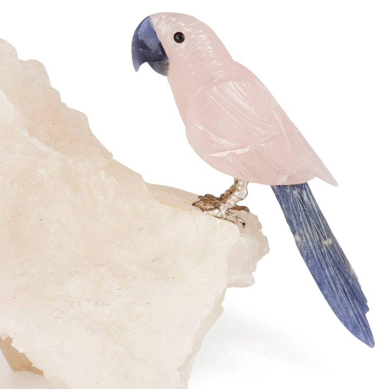 Set of Rosequartz, Silver and Mineral Specimen Bird Figures at 1stDibs