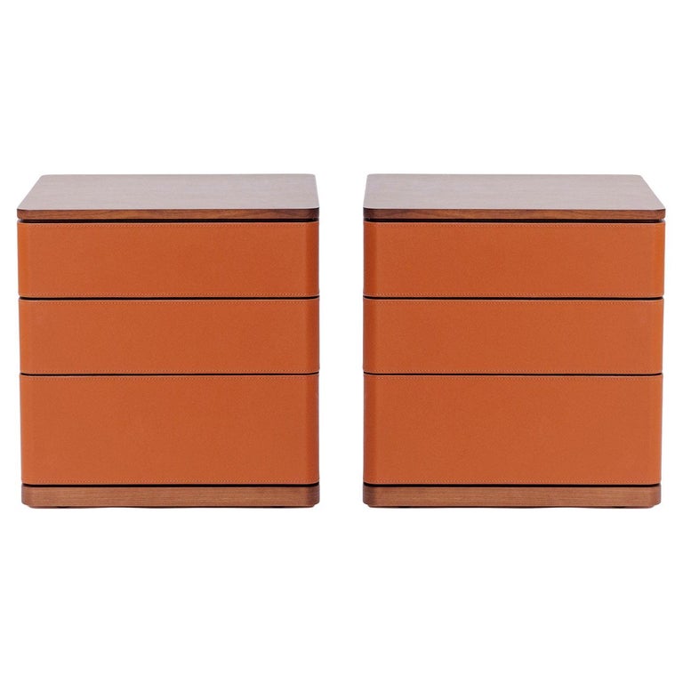 Set of Saddle Leather + Wood Covered Bedside Tables, Poltrona Frau at ...
