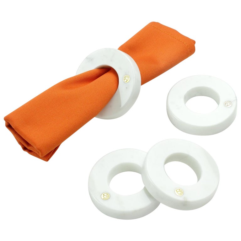Serviette Rings Set Tableware White Carrara Marble Brass Inlay Handmade ...