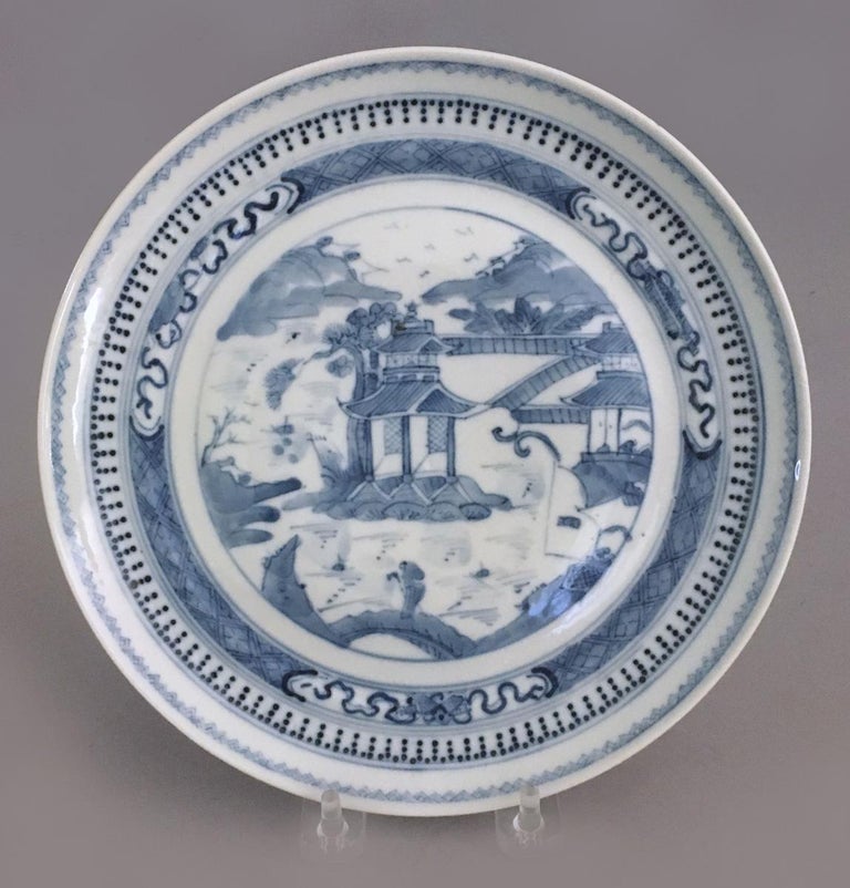 Set of Seven Antique Chinese Canton Porcelain Blue and White Plates at ...
