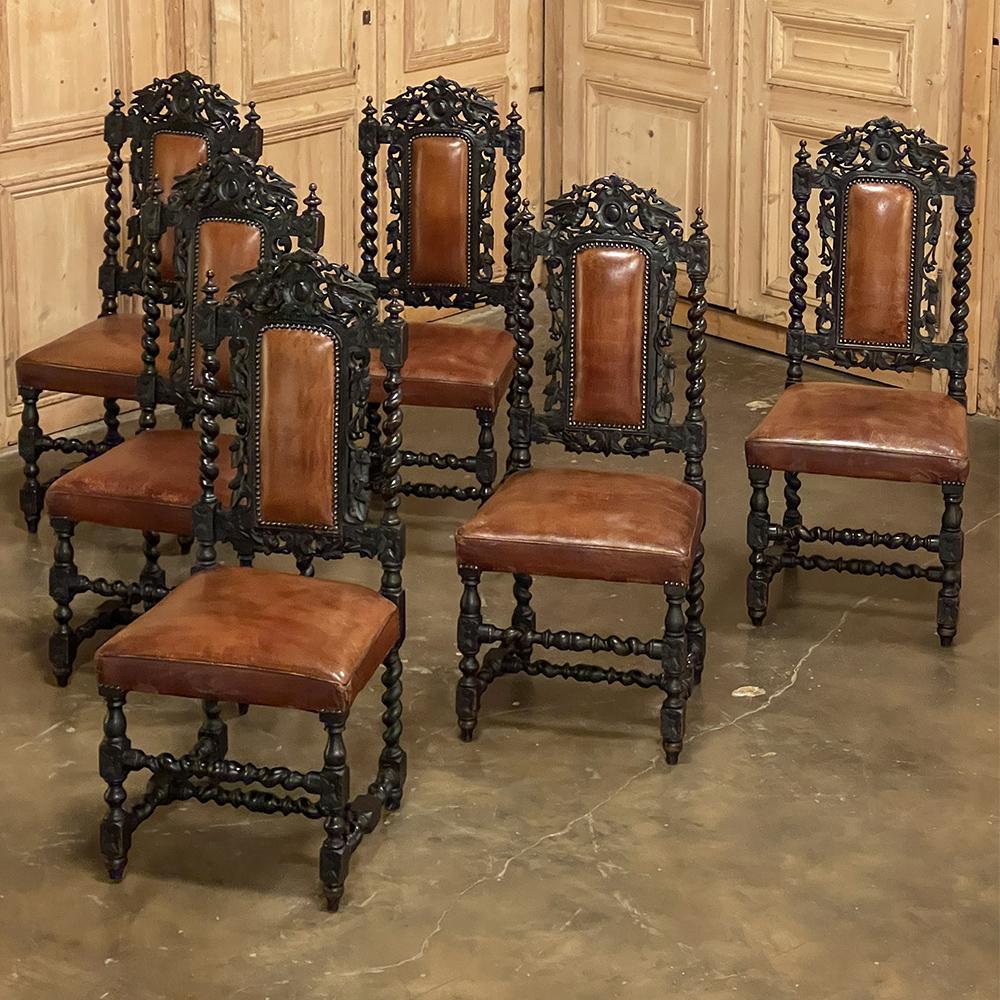 Set of Six 19th Century French Renaissance Dining Chairs with Leather ...