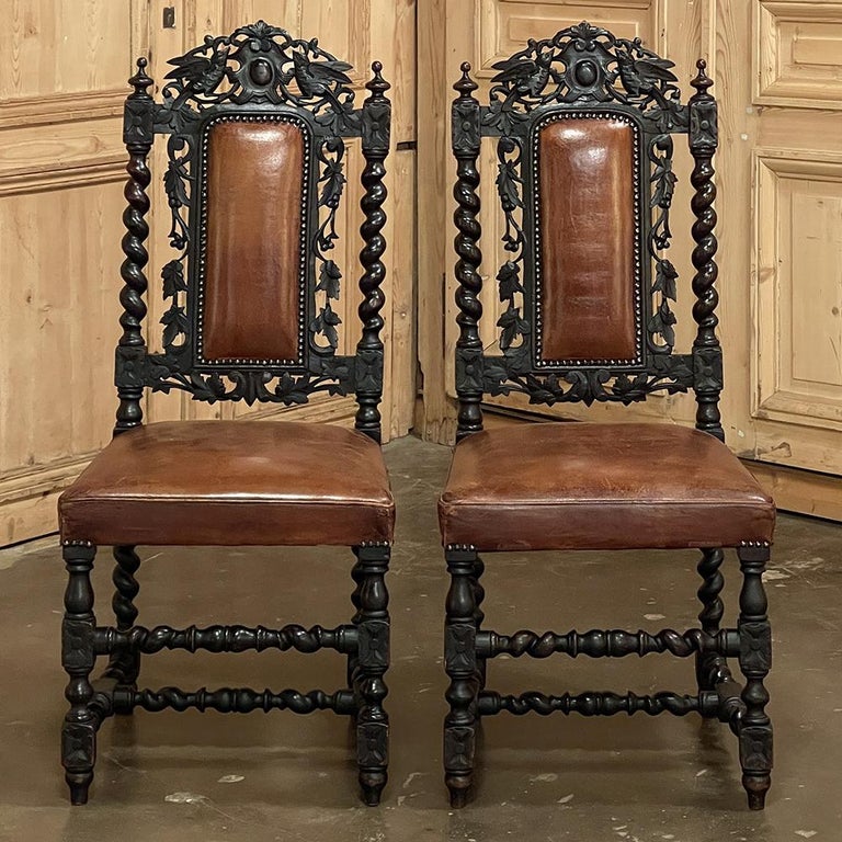 Set of Six 19th Century French Renaissance Dining Chairs with Leather ...