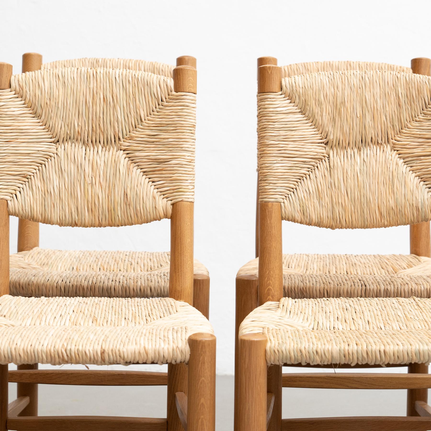 Set of Six After Charlotte Perriand N.19 Chairs, Wood Rattan, Mid ...