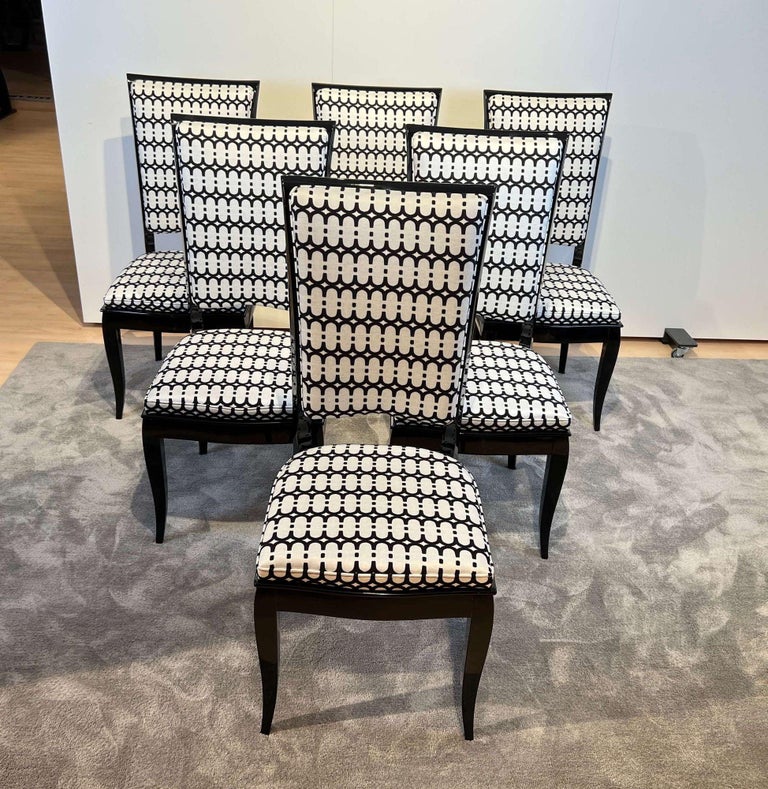 Set of Six Art Deco High Back Dining Chairs, Black Lacquer, France ...