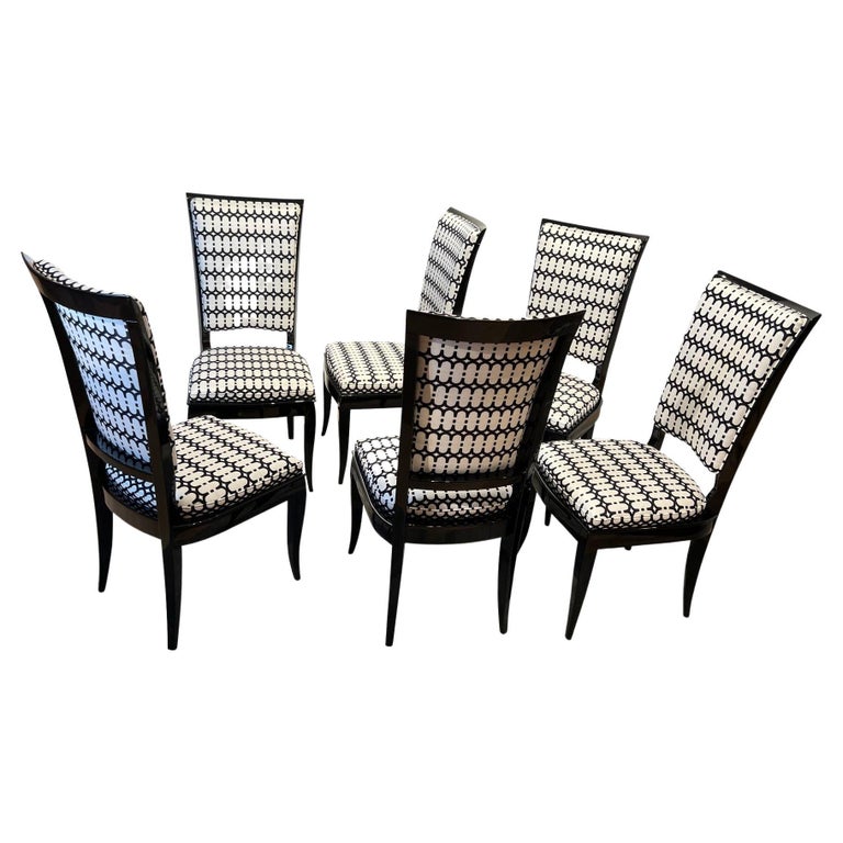 Set of Six Art Deco High Back Dining Chairs, Black Lacquer, France ...