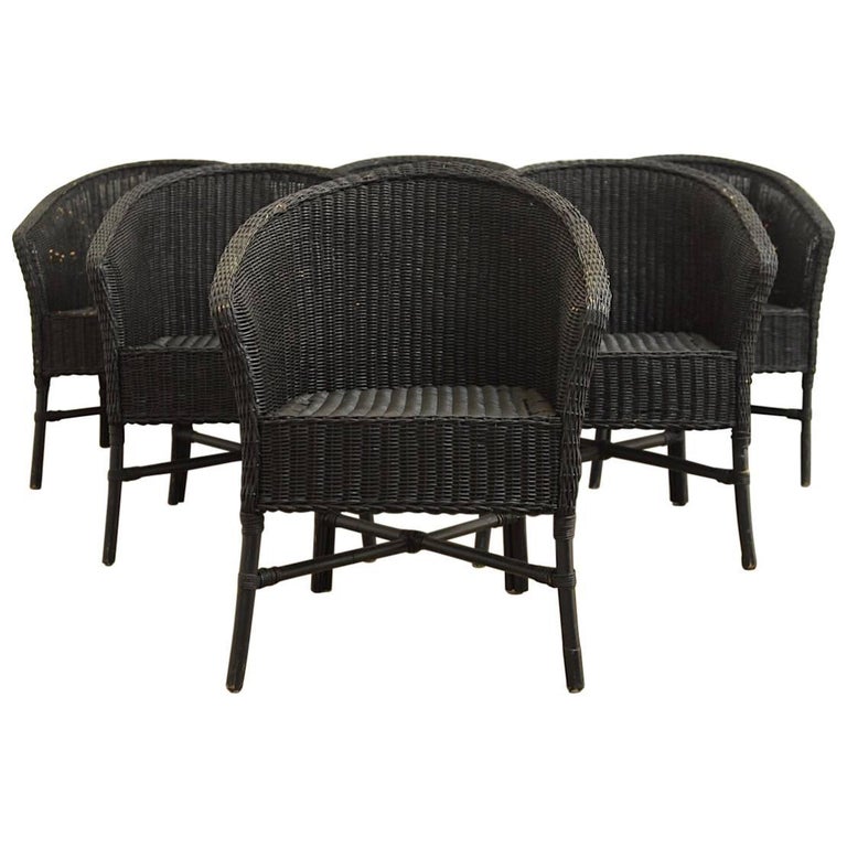 Set of Six Bamboo Wicker Barrel Back Chairs at 1stDibs
