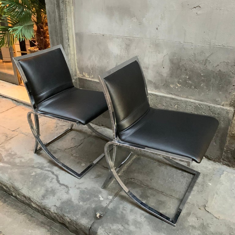 Set of Six Chairs Willy Rizzo Style, Steel Structure and Black Eco ...