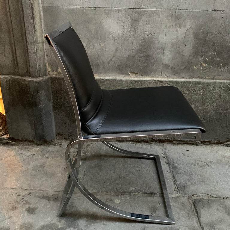 Set of Six Chairs Willy Rizzo Style, Steel Structure and Black Eco ...