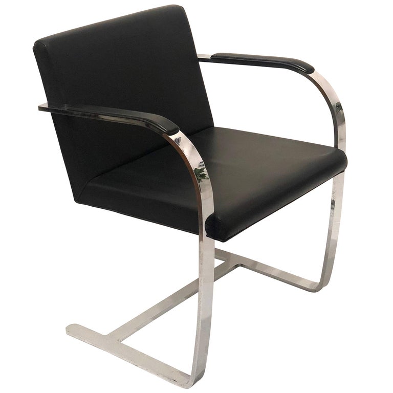 Set of Six Classic Brno Style Chairs in Black Leather and Polished ...