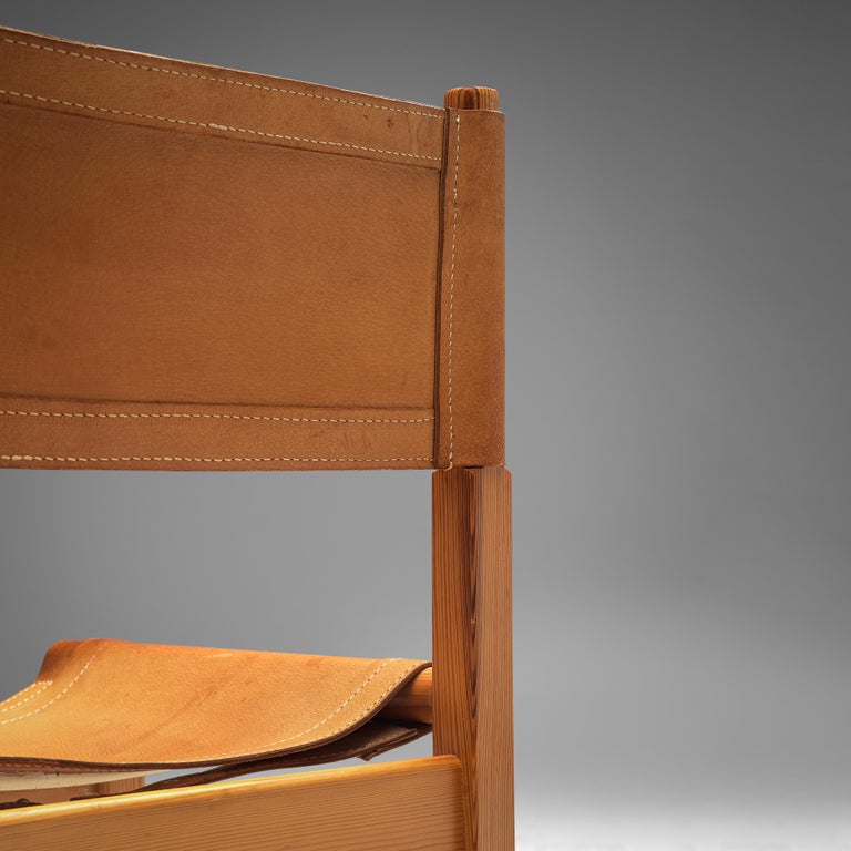 French Set of Six Dining Chairs in Cognac Leather and Pine For Sale at ...