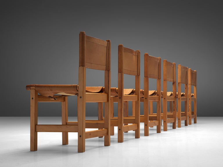 French Set of Six Dining Chairs in Cognac Leather and Pine For Sale at ...