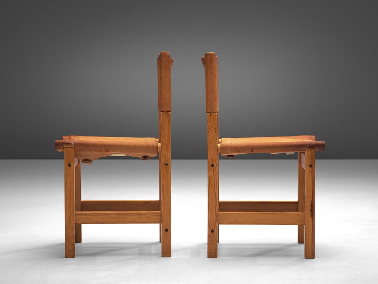 French Set of Six Dining Chairs in Cognac Leather and Pine For Sale at ...
