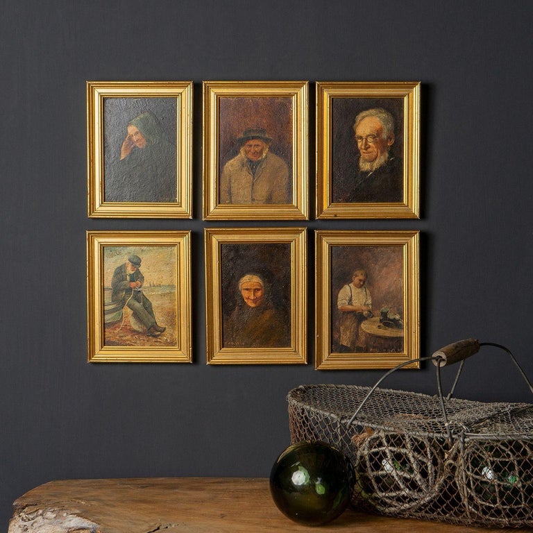 Set of Six Cornish Naive Folk Art Portraits of Village Members, Early ...