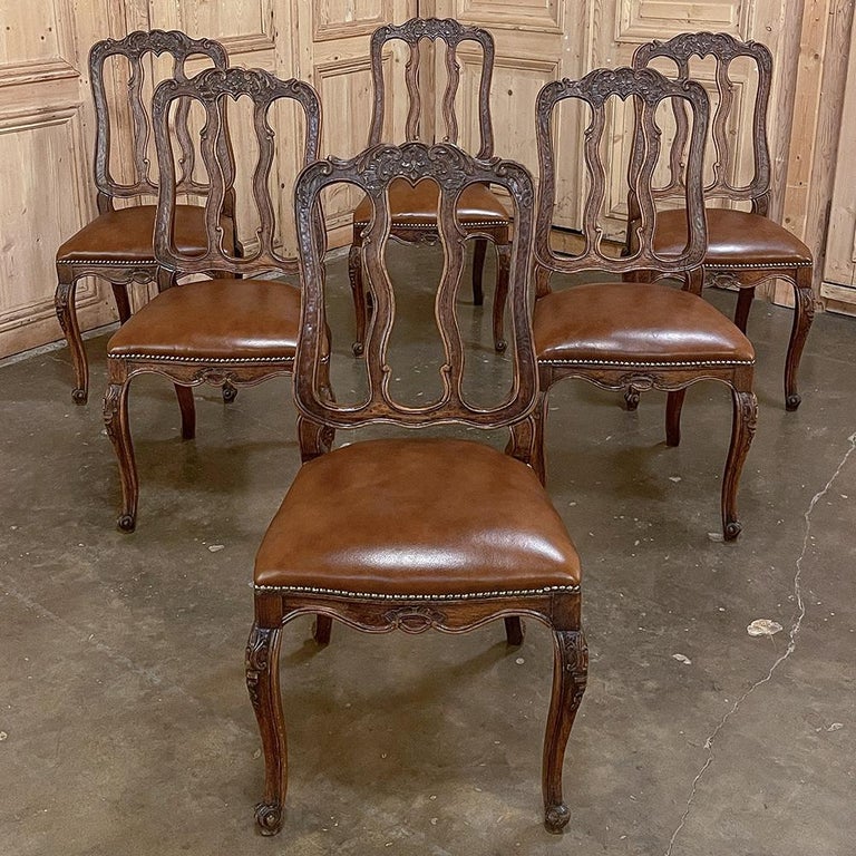 Set of Six Country French Dining Chairs with Faux Leather Seats For ...