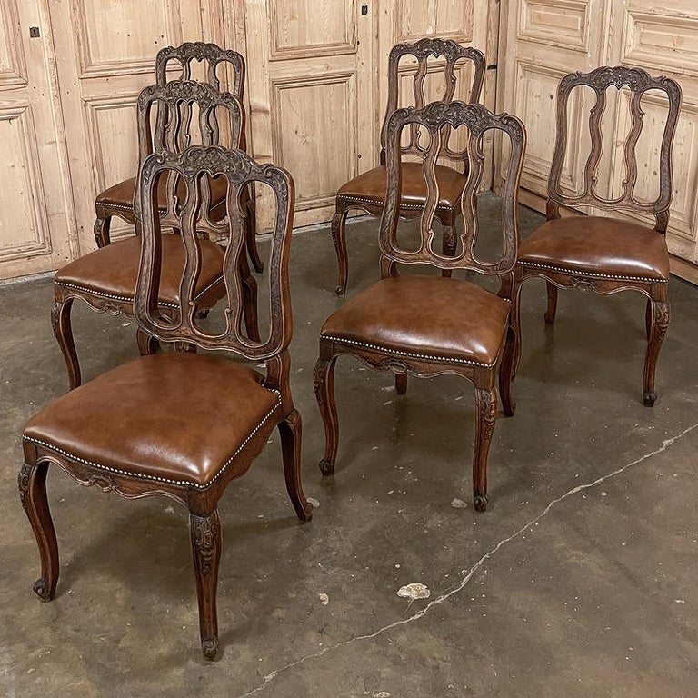 Set of Six Country French Dining Chairs with Faux Leather Seats For ...