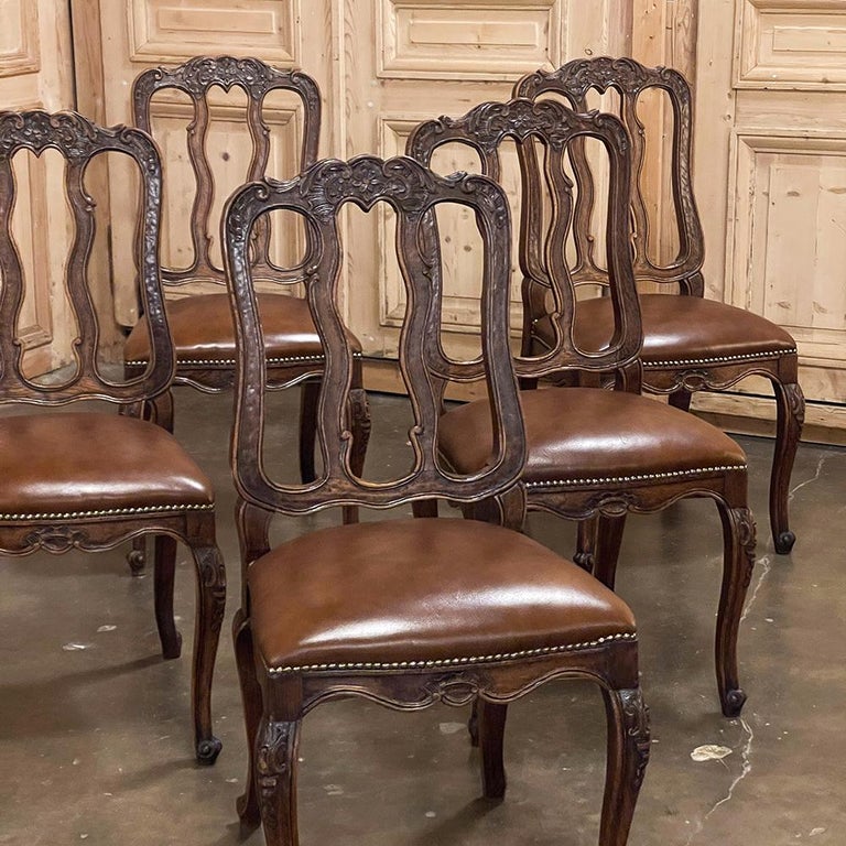 Set of Six Country French Dining Chairs with Faux Leather Seats For ...