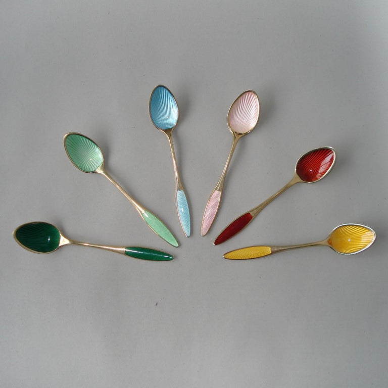 Set of Six Danish Spoons Sterling Silver with Polychrome Enamel, circa ...