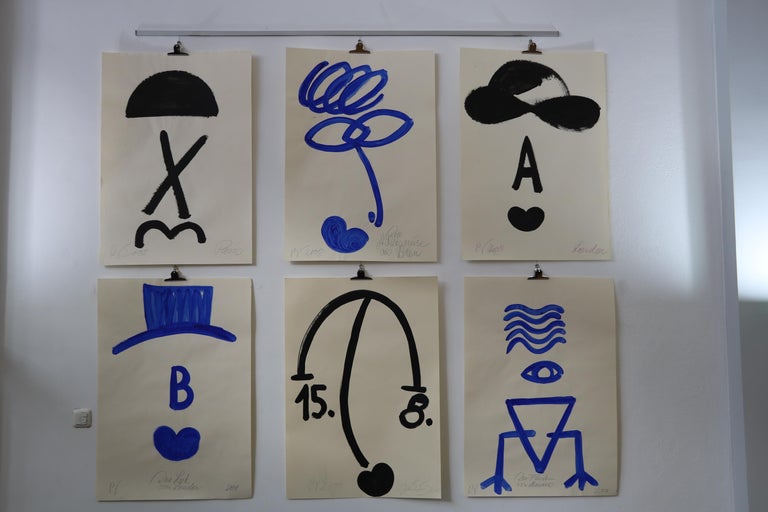 Set of Six Drawings Acrylic on Paper by the German Artist Peter Krüger ...