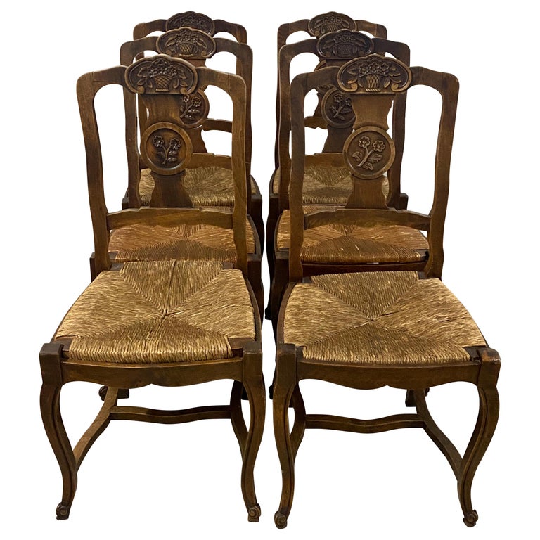 Set of Six Early 20th Century French Country Side Chairs with Rush ...
