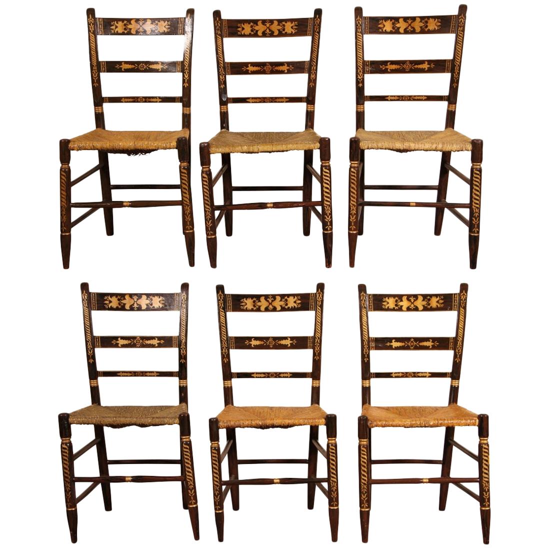 Set Of Six Early Faux Painted Rush Seat Chairs For Sale at 1stDibs