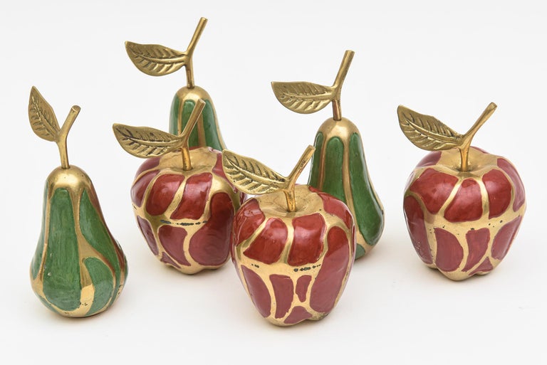 Enameled Brass Apple and Pear Object Sculptures Vintage Set Of SIx For ...