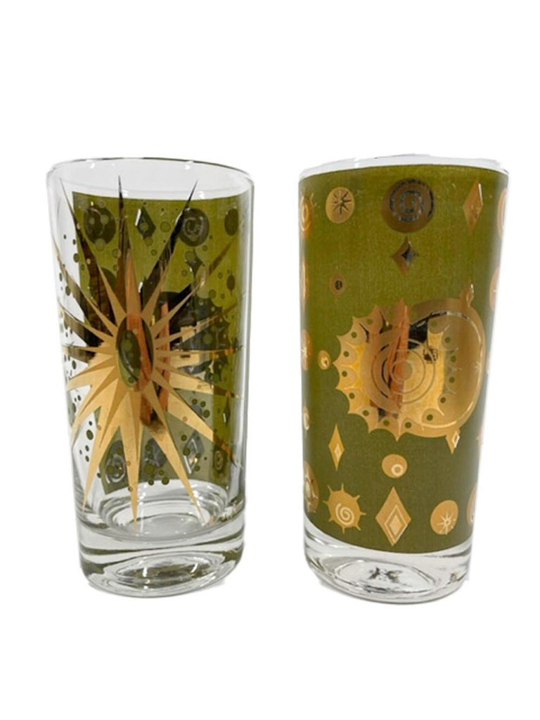 Set of Six Fred Press Atomic Eclipse Highball Glasses in Green and 22K ...