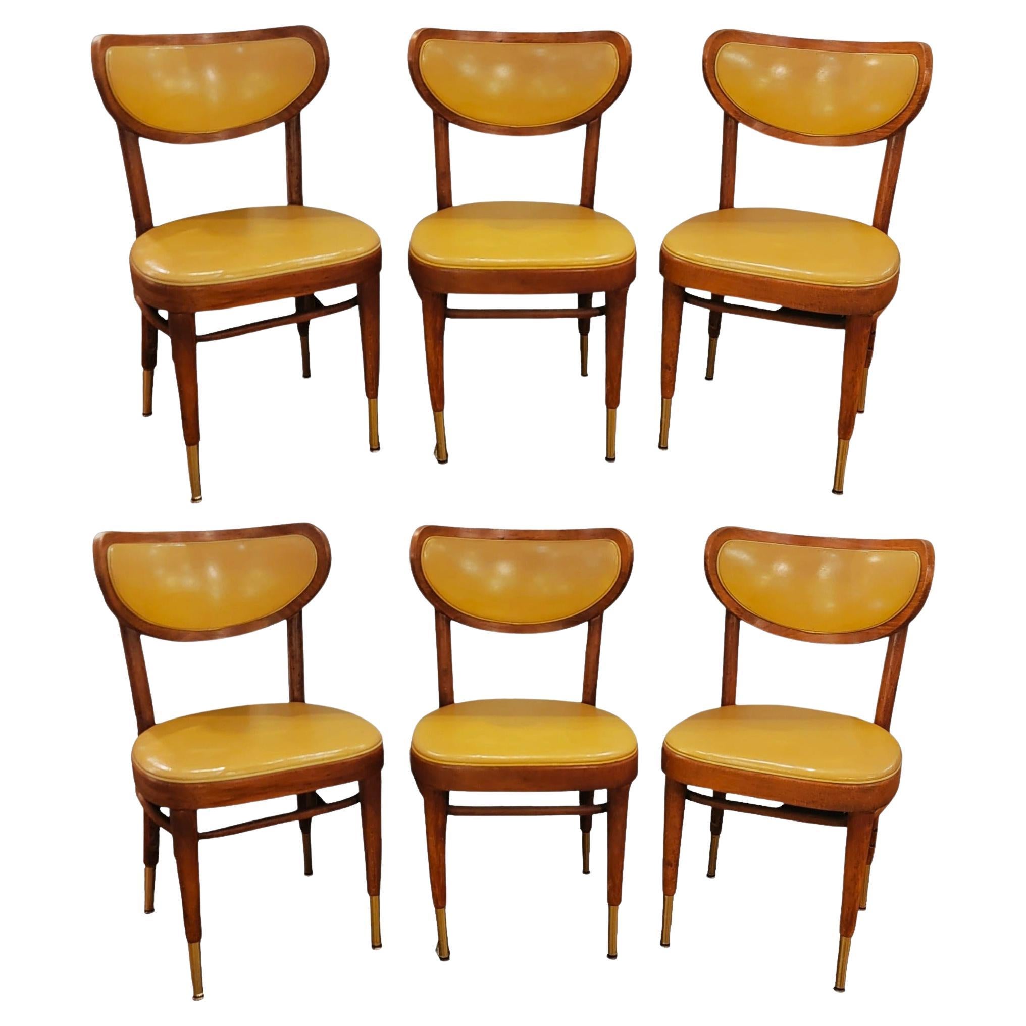Set of Six French Bistro Leather and Wooden Chairs at 1stDibs