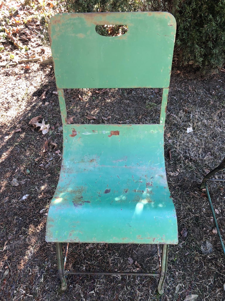 Set of Six French Steel Garden Chairs in Green Painted and Rusty ...