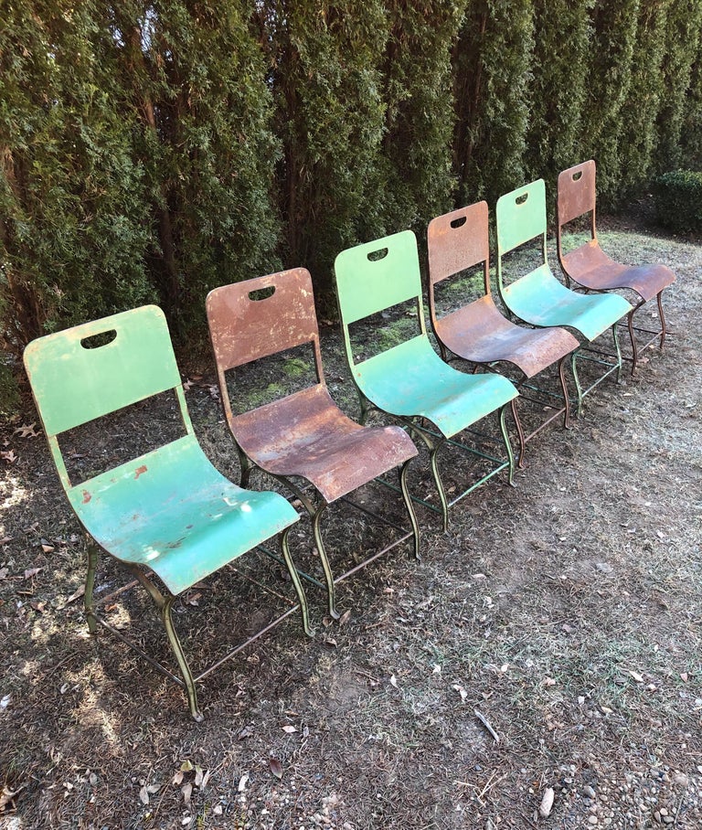 Set of Six French Steel Garden Chairs in Green Painted and Rusty ...