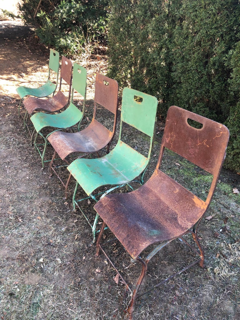 Set of Six French Steel Garden Chairs in Green Painted and Rusty ...